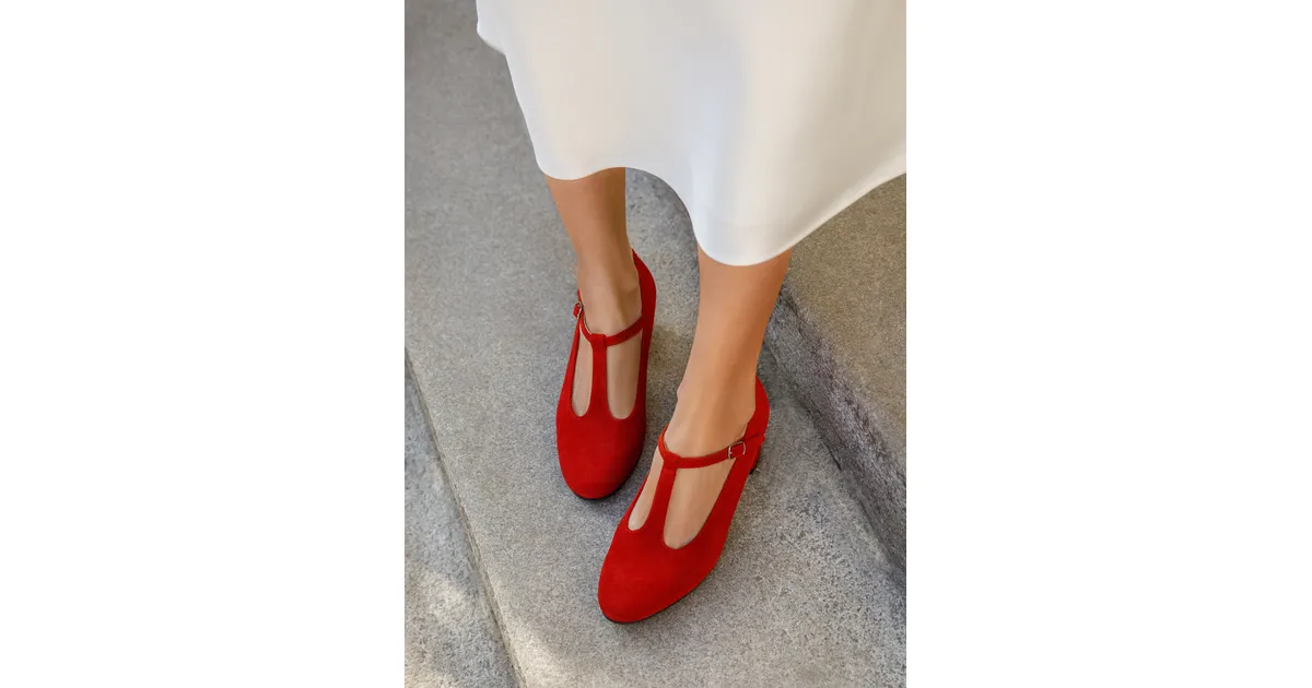 czółenka z paskiem w literę T na niskim obcasie - skóra naturalna - model 094 czerwony - ZAPATO